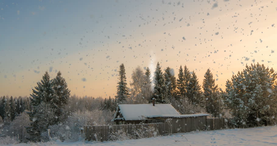 Snowfall scene with cabin in the pine forest image - Free stock photo ...