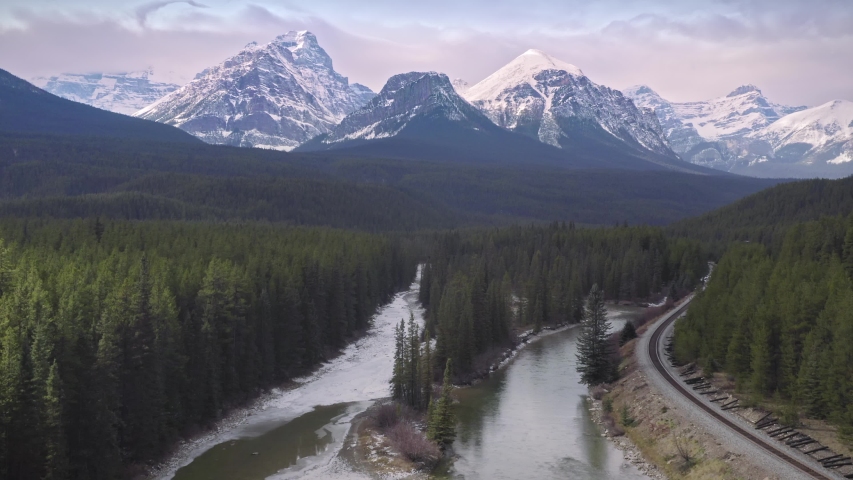 River and forest landscape near the Bow River in Banff National Park ...