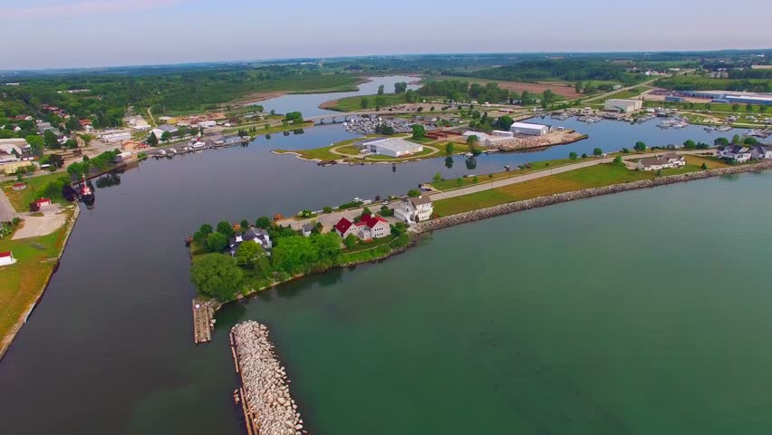 Aerial View Of Kewaunee Wisconsin Harbor, Scenic Waterfront, Peninsula ...