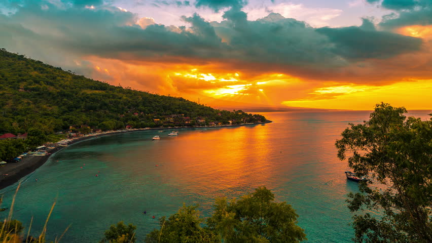 4K Timelapse. Sunset On The Background Volcano Gunung Agung. 15 July ...