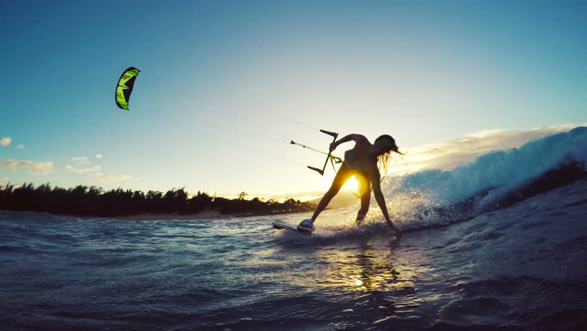 Extreme Kitesurfing Girl Front Flip At Sunset. Summer Ocean Sport In ...