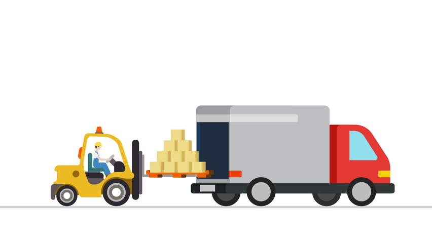 Cartoon Animation Of A Forklift Loader Load Boxes Into A Truck Over ...
