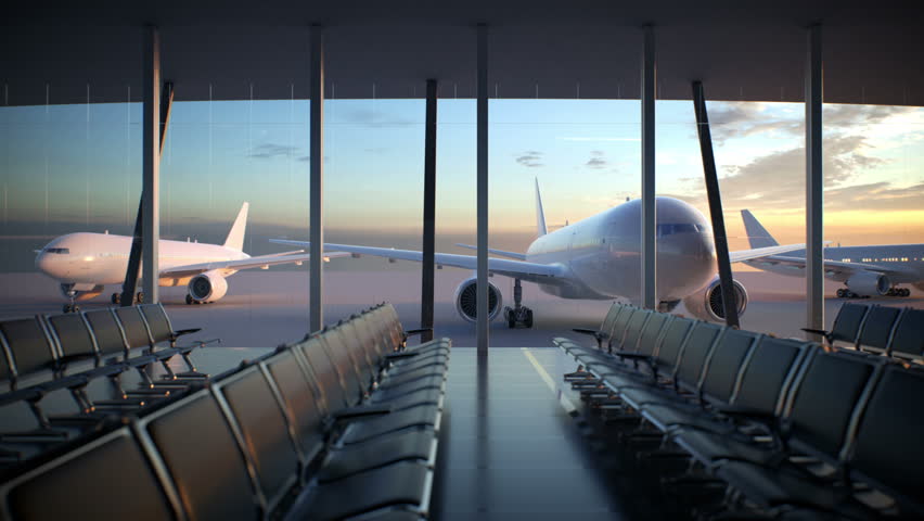 Airport At Sunset. Business Class Terminal Gate, Modern Lounge And ...