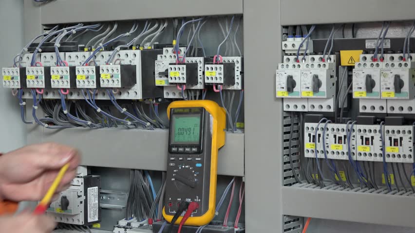 Wiring And Electrical Cabinet In Industrial Machine. Lights Blinking To ...