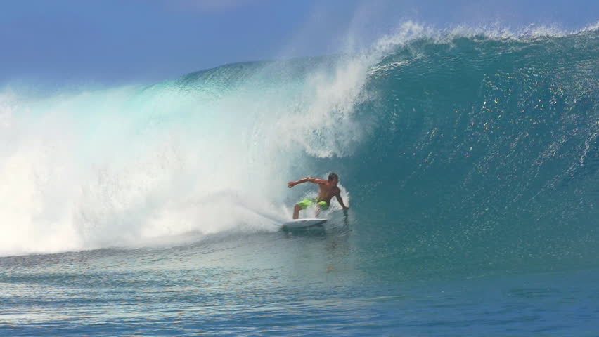 SLOW MOTION: Cheerful Extreme Pro Surfer Surfing Big Tube Barrel Wave ...