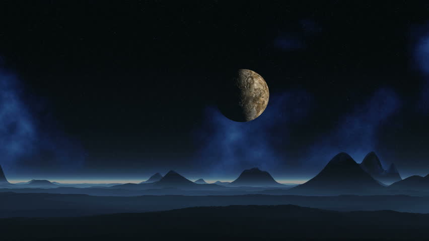 Alien Planet Reflected In Water. A Large Blue Planet Rotates Slowly In ...