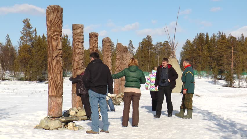 MURMANSK, RUSSIA - April 4, 2016. Lovozero. The Sami Village. People ...
