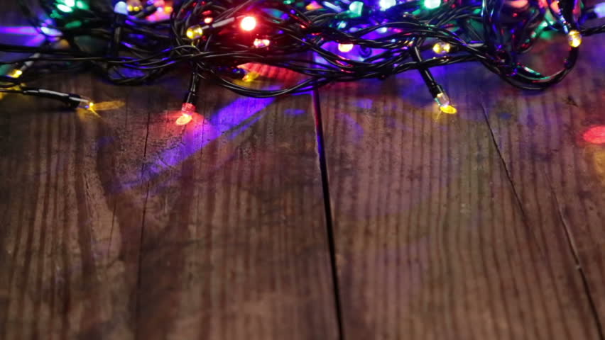 LED Christmas Lights On Wooden Background, Abstract Template, Selective ...