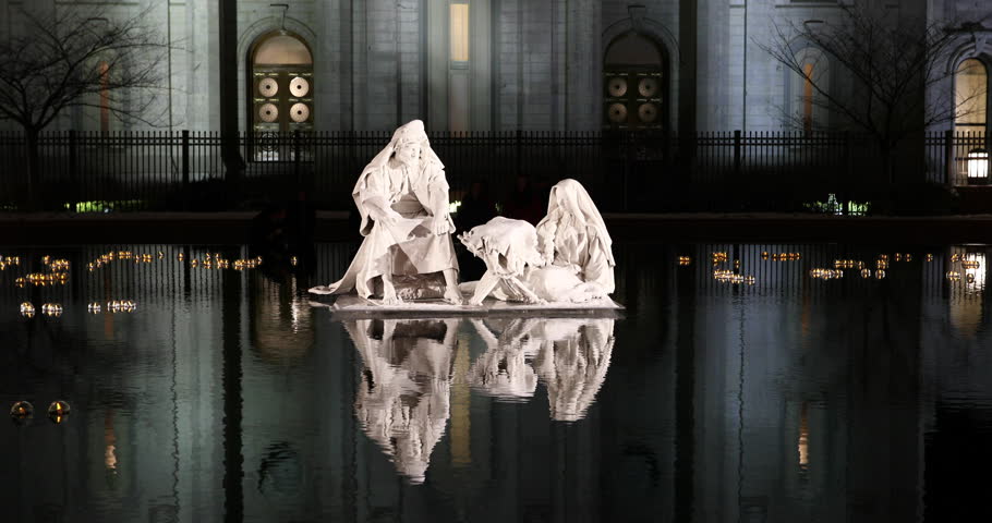 Christmas Nativity Scene In The Middle Of A Reflection Pool On Temple ...