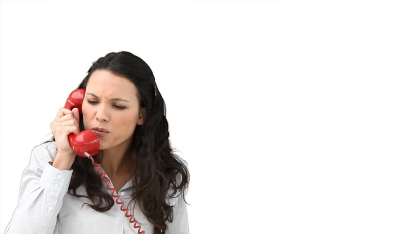 Woman Angrily Talking On The Telephone Against A White Background Stock ...