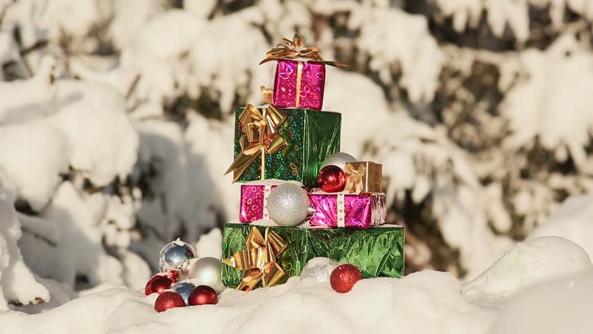 Christmas Gifts in the Snow-covered Stock Footage Video (100% Royalty ...