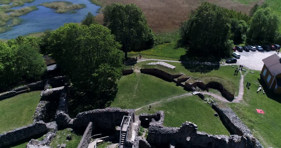 Kuusisto Castle Ruins, Cinema 4k Aerial View Of A Flight Up And ...