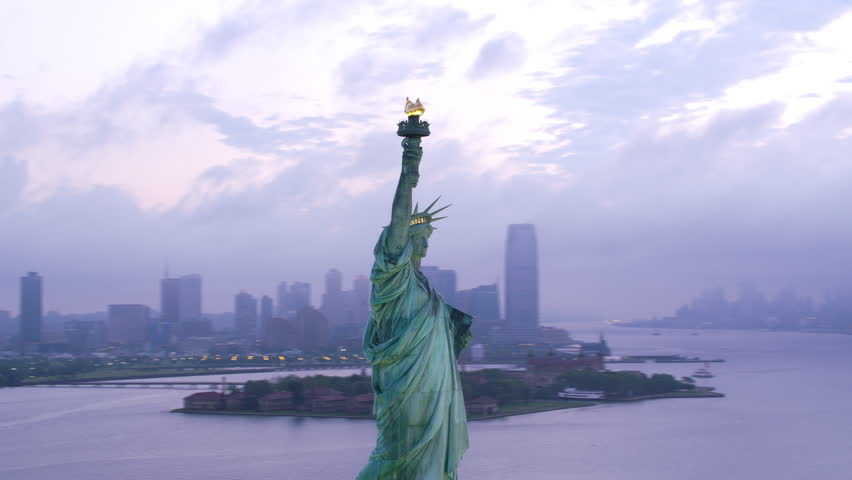 Helicopter Aerial View Of Statue Of Liberty, New York City State ...