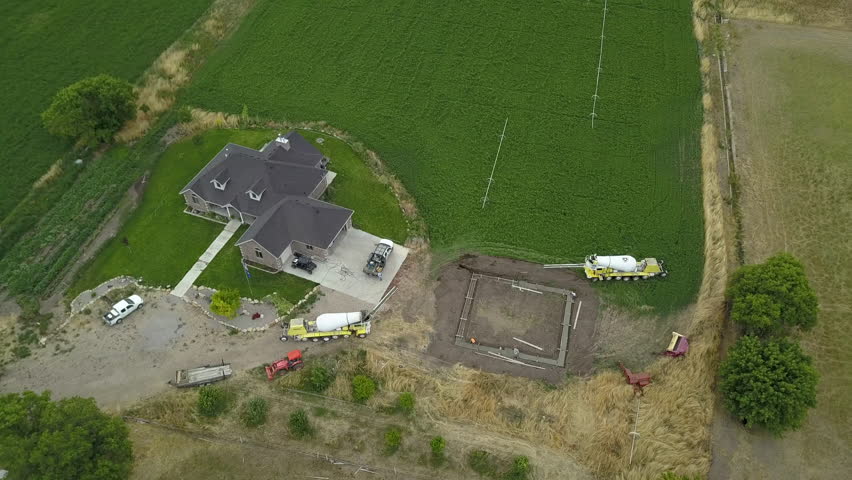Aerial Overhead New Building Rural Farm Field. Construction Of Rural ...
