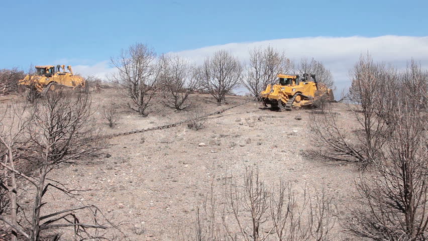 Bulldozer Clearing Burned Dead Trees From Mountain By Dragging Chain ...