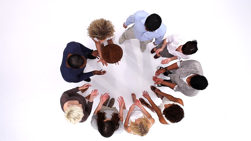 Diverse Group Of Young Adults In A Circle, Clapping. Shot From Above In ...