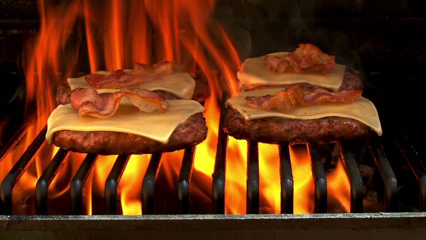 Bacon & Cheese Hamburger Sizzle On Bar-b-q Grill Stock Footage Video ...