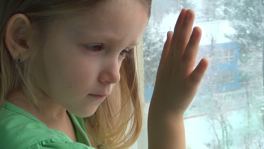Unhappy, Crying Sad Caucasian Child Looking Out Window, Snowing ...