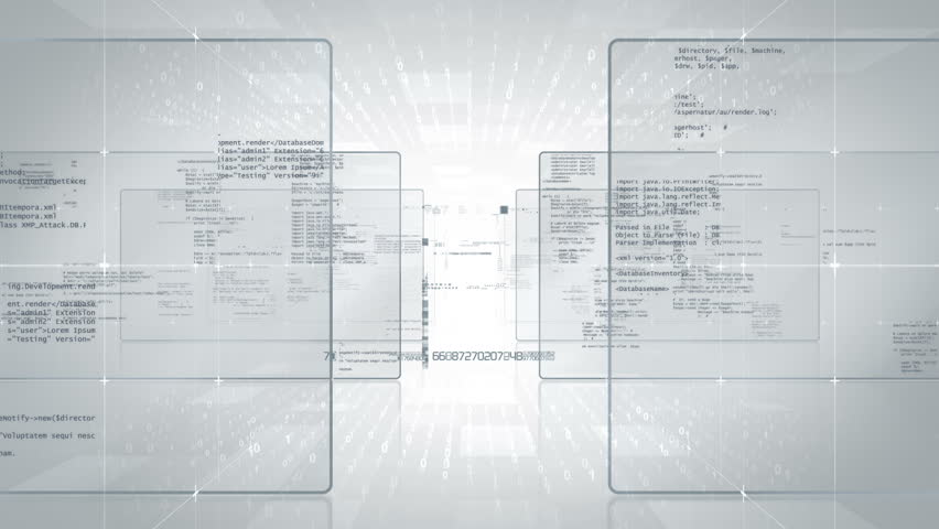 Computer Code Running In A Virtual Space. Loopable. Dark Blue. Dolly In ...