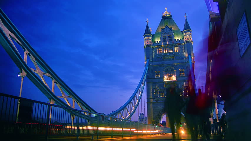 Rush Hour In London, View To The Tower Bridge Night,time Lapse Stock ...