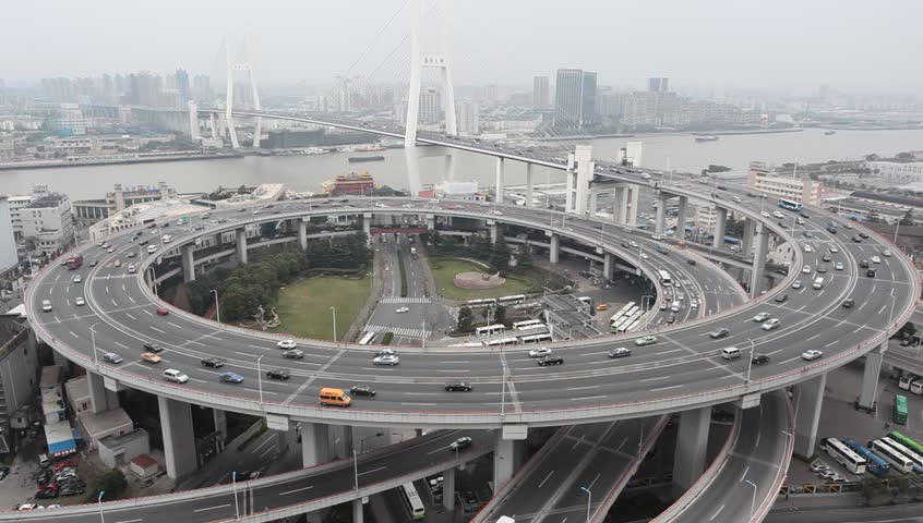 Nanpu Bridge Interchange, Huangpu River, Aerial View Of Shanghai, China ...