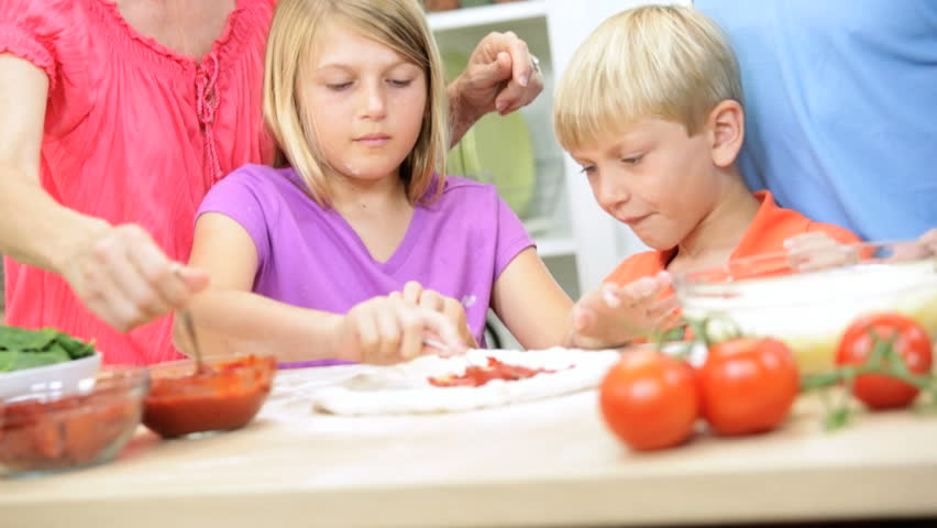 Blonde Caucasian Children Helping Parents Home Kitchen Counter ...