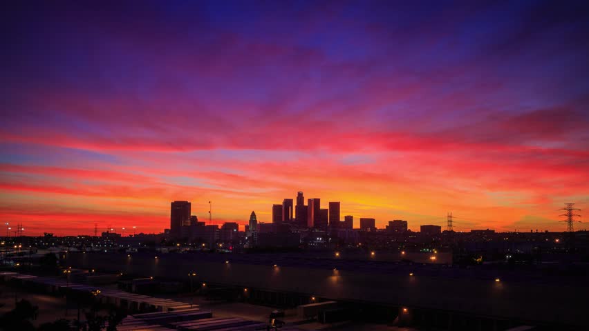 Beautiful Red Sunset To Night Transition Over Downtown Los Angeles ...
