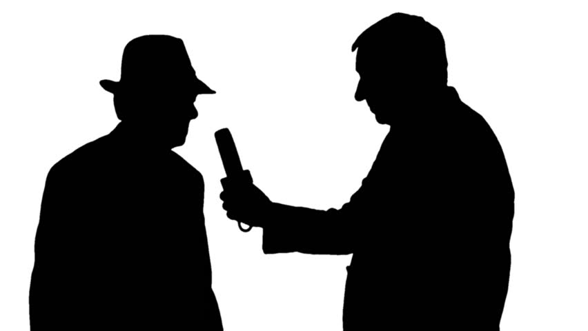Silhouette Of Two Man. A Male Reporter Interviews A Man On Black And ...