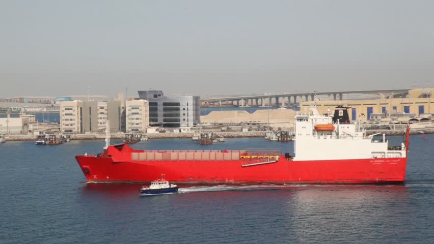 Barge Unloading In Sea Port In Abu Dhabi, UAE, Camera Moving Stock ...