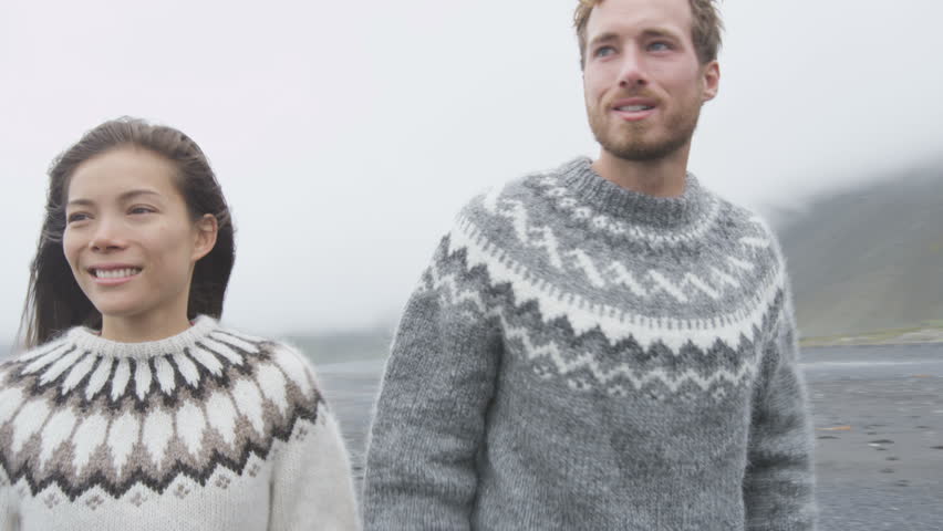 Iceland Couple Wearing Icelandic Sweaters On Black Sand Beach. Woman ...