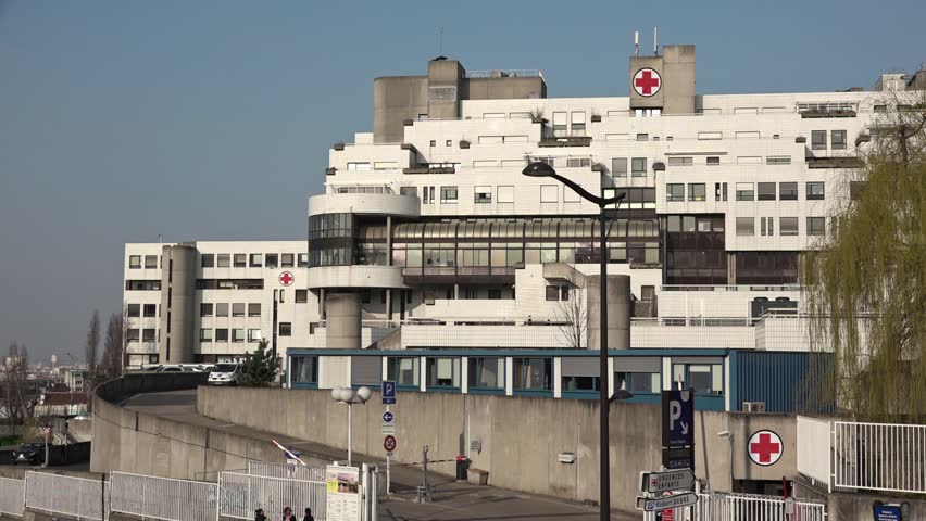 PARIS, FRANCE - MARCH 04; Hospital Building Emergency Establishing Shot ...
