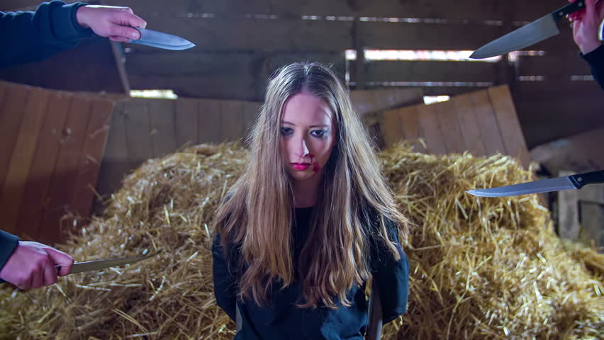 Scared Girl Looking Around The Room . Young Girl Tied Up On A Chair And ...